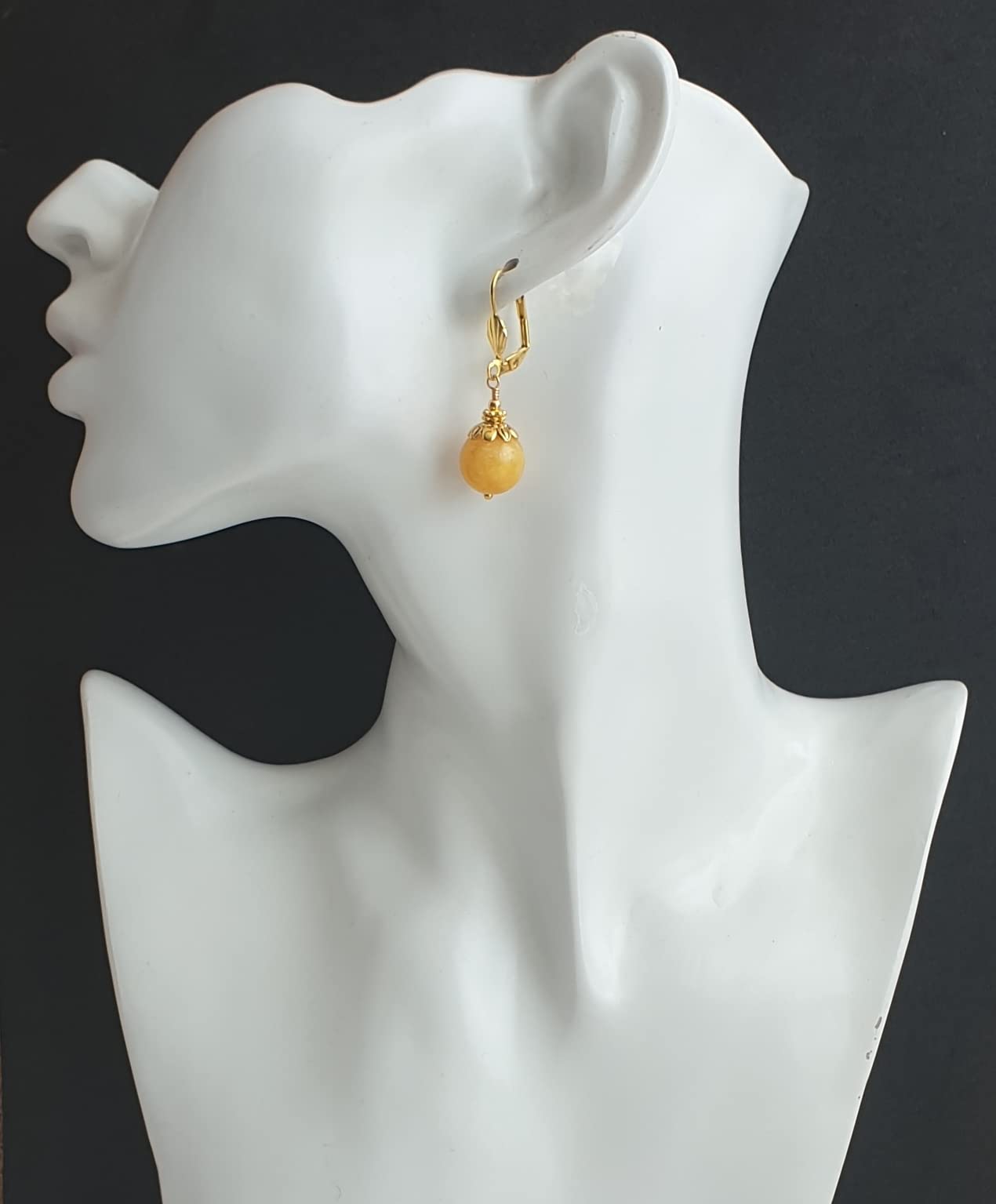 Yellow Agate Earrings Round Dangles Jewelry for Women Gold Plated Lever Backs in Gift Box