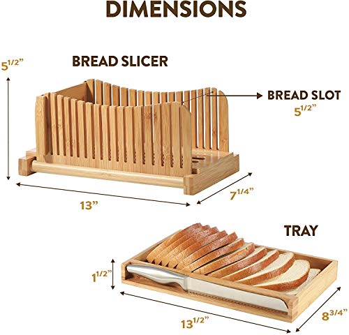 RAXXIO Bamboo Bread Slicer with Knife, Adjustable, Foldable and Compact with Crumb Tray, Bread Cutter for Homemade Bread, Loaf Cakes, Bagels Slicer, 3 Different Size Slices