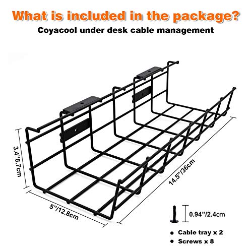 COYACOOL Under Desk Cable Management- 2 Pack Cord Organizer. Metal Wire Cable Management Tray for Office, Studio and Home. Super Sturdy Under Table Cable Management - Black Cable Organizer