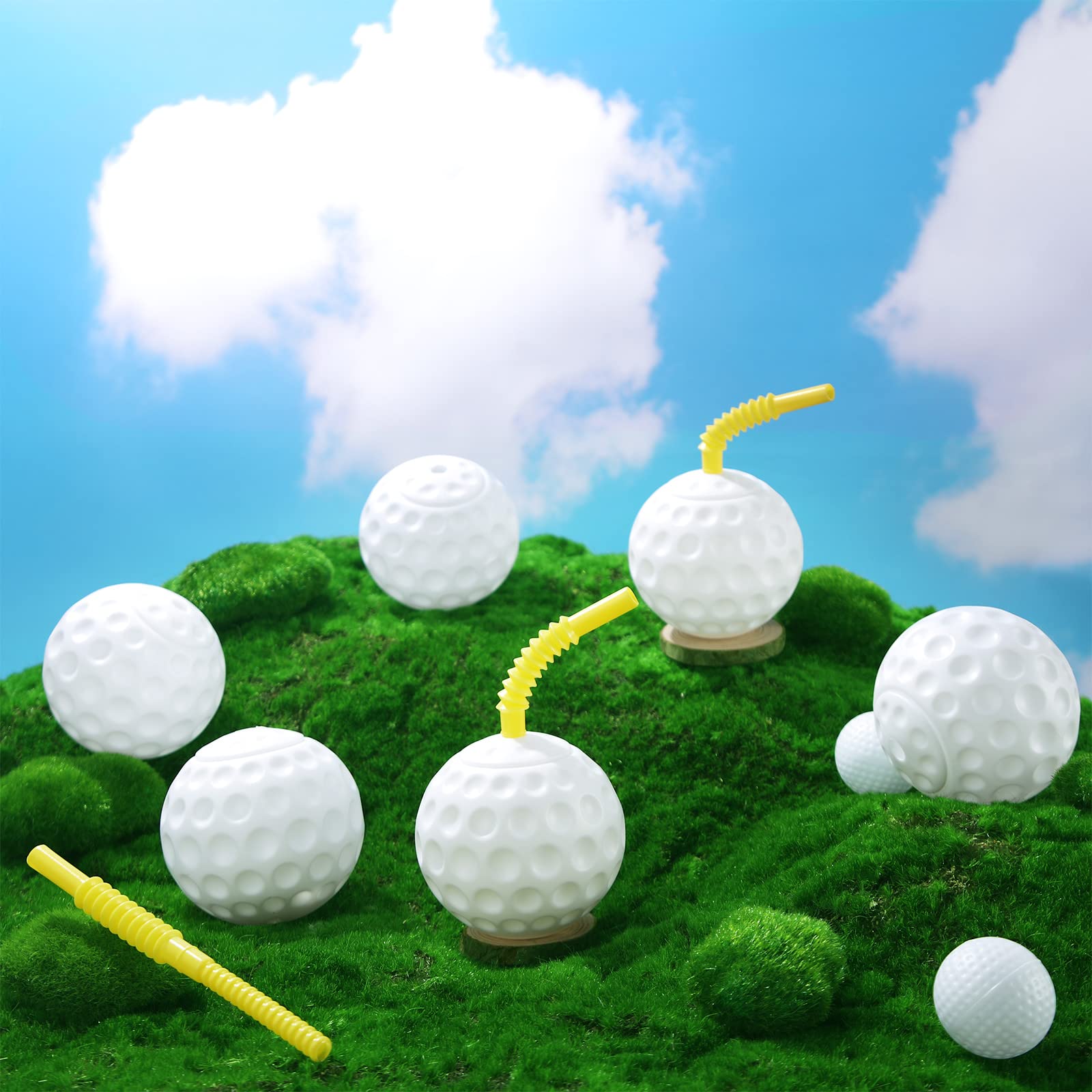 Golf Ball Cups with Lid and Straw - 14 oz Plastic Party Favors, Shaped Decorations for Drinking, Themed Parties (12)