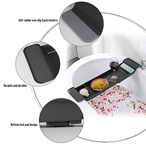 Expandable Drain Bath Shelf Caddy Tray, YOCOMEY Multifunctional Plastic Bathtub Tray Bathroom Organizer Simple Stylish Bathtub Storage Rack for Candle Towel, Book, Wine, Phone, Shower (Dark Gray)