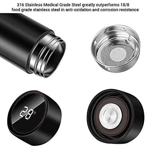 Aqual 17 Fl Oz500ml Stainless Steel Water Bottle with LED Temperature Display-Double Wall Vacuum Insulated | Leak Proof Keep Cold 24 Hrs and Warm 12 Hrs | Varied Colors Thermo Travel Modern Mug(Black)