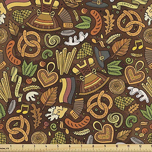 Ambesonne German Fabric by The Yard, Cartoon Style Deutschland Pattern with Flag Hops and Pretzels Hand Drawn Doodle, Decorative Fabric for Upholstery and Home Accents, 1 Yard, Multicolor