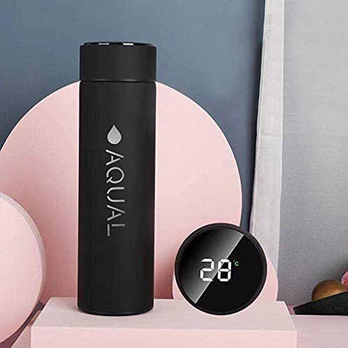 Aqual 17 Fl Oz500ml Stainless Steel Water Bottle with LED Temperature Display-Double Wall Vacuum Insulated | Leak Proof Keep Cold 24 Hrs and Warm 12 Hrs | Varied Colors Thermo Travel Modern Mug(Black)