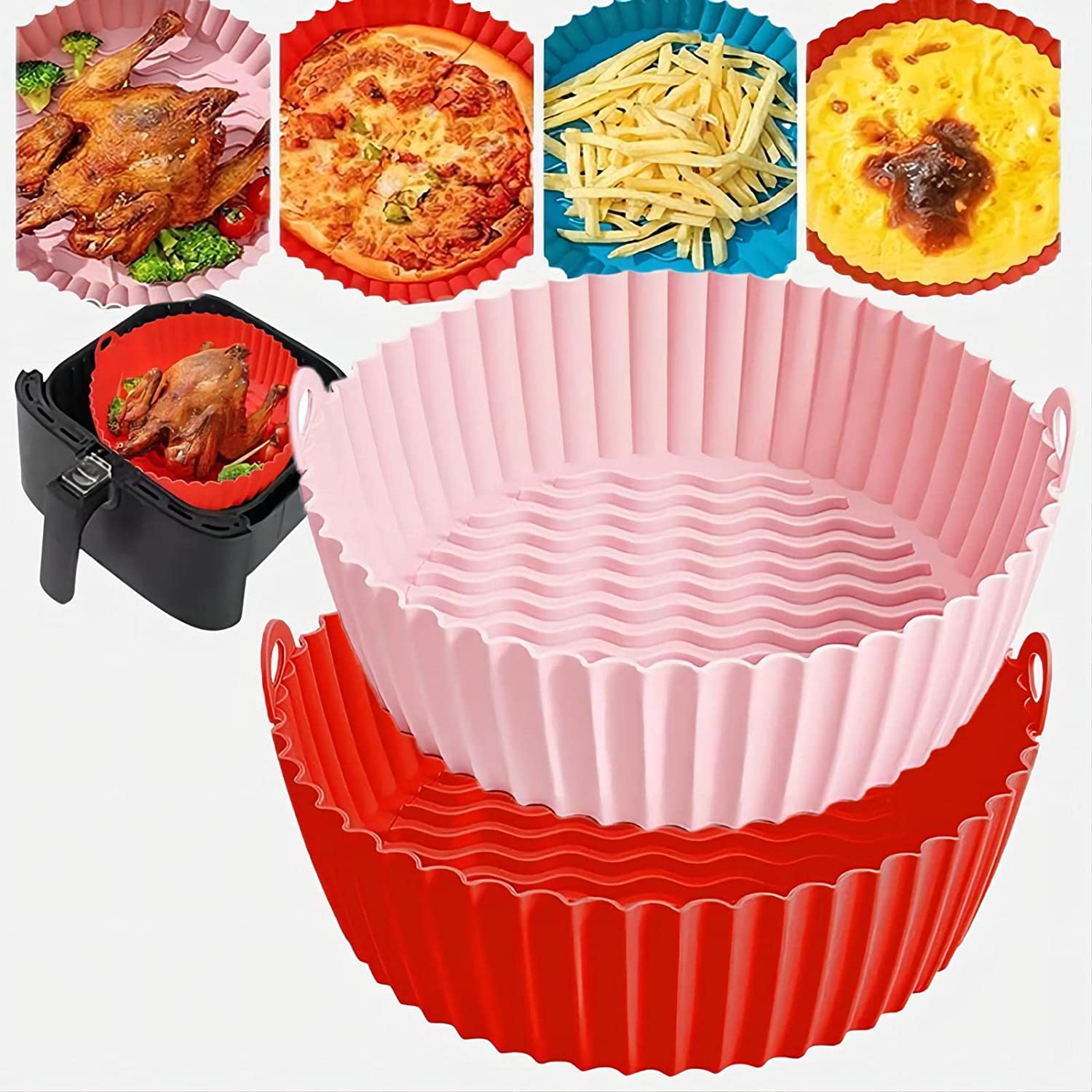Best 2-Pack Silicone Air Fryer Liner 7.5 inch diameter Reusable Silicone Basket tray pan Heat Resistant Easy Cleaning Air fryers Silicone Pot Round for 3 to 5 Qt Airfryer Oven Accessories (Pink&Red)