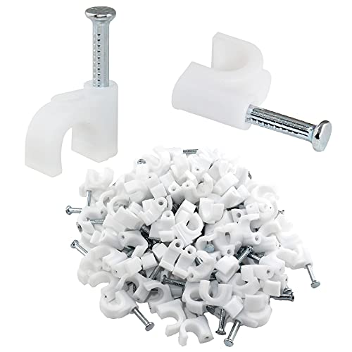 Bonsicoky 200Pcs Nail Cable Clips with Steel Nail, 7mm White Cable Wire Management Clips for Ethernet Cable, Telephone Cable, TV Wire Cable, Print Cable