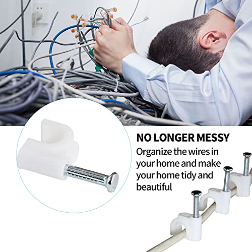 Bonsicoky 200Pcs Nail Cable Clips with Steel Nail, 7mm White Cable Wire Management Clips for Ethernet Cable, Telephone Cable, TV Wire Cable, Print Cable