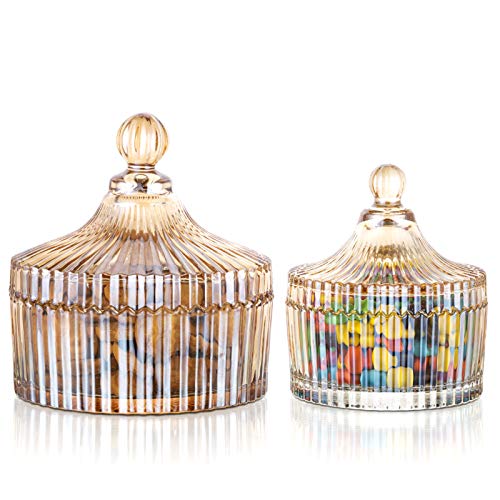 Glass Candy Dish with Lid European Style, Candy Jar Yurt, Glass Food Storage Organization Containers Bowls for Decorative Flour Cookie and Sugar, Amber, Small+Large