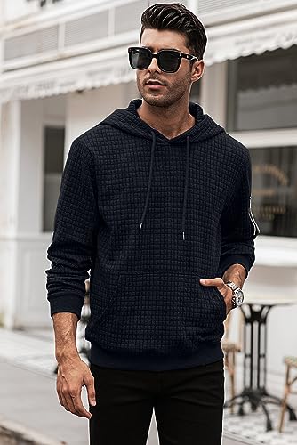 JMIERR Mens Waffle Hoodie Long Sleeve Drawstring Plaid Jacquard Hooded Zip Pockets Sweatshirt, US 46(XL), Blue