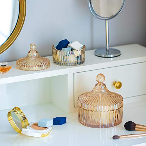 Glass Candy Dish with Lid European Style, Candy Jar Yurt, Glass Food Storage Organization Containers Bowls for Decorative Flour Cookie and Sugar, Amber, Small+Large