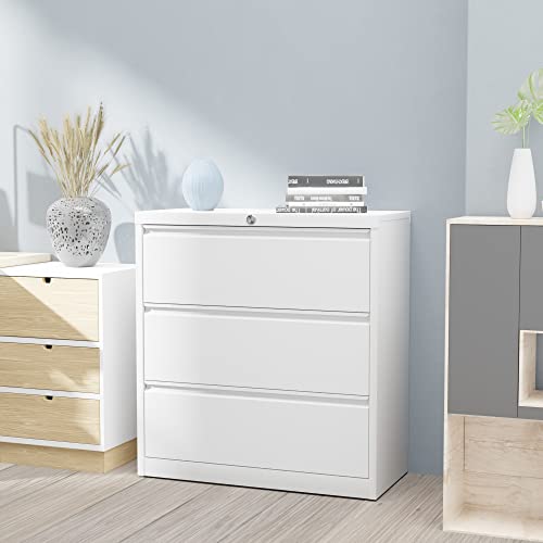 Aobabo 3 Drawer Metal Lateral File Cabinet with Lock,Steel Storage Lateral Filing Cabinet with Letter/Legal Size for Home Office,Anti-tilt Structure,Assembly Required (White 3Drawer)…