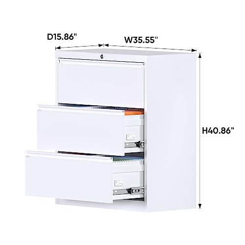 Aobabo 3 Drawer Metal Lateral File Cabinet with Lock,Steel Storage Lateral Filing Cabinet with Letter/Legal Size for Home Office,Anti-tilt Structure,Assembly Required (White 3Drawer)…