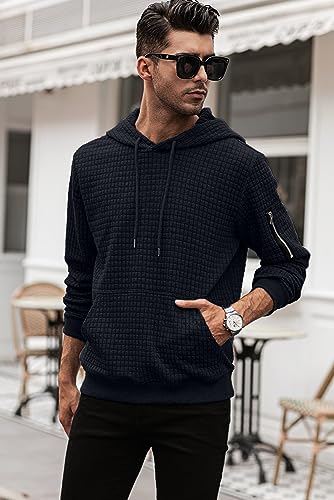 JMIERR Mens Waffle Hoodie Long Sleeve Drawstring Plaid Jacquard Hooded Zip Pockets Sweatshirt, US 46(XL), Blue
