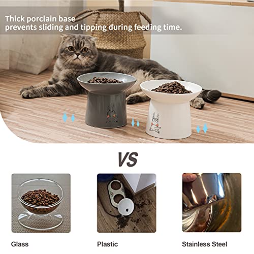 6.5 Inch Extra Wide Ceramic Raised Cat Bowls, Upgraded Elevated Porcelain Cat Food Water Bowl Dish, Stress Free Pet Feeder Bowls Dishes for Elder Big Cats & Small Dogs, White & Grey