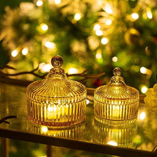 Glass Candy Dish with Lid European Style, Candy Jar Yurt, Glass Food Storage Organization Containers Bowls for Decorative Flour Cookie and Sugar, Amber, Small+Large