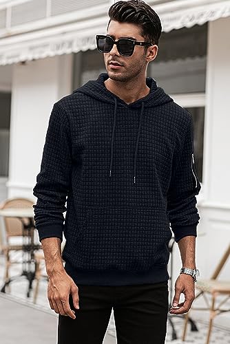 JMIERR Mens Waffle Hoodie Long Sleeve Drawstring Plaid Jacquard Hooded Zip Pockets Sweatshirt, US 46(XL), Blue