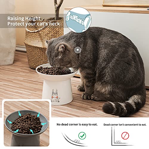 6.5 Inch Extra Wide Ceramic Raised Cat Bowls, Upgraded Elevated Porcelain Cat Food Water Bowl Dish, Stress Free Pet Feeder Bowls Dishes for Elder Big Cats & Small Dogs, White & Grey