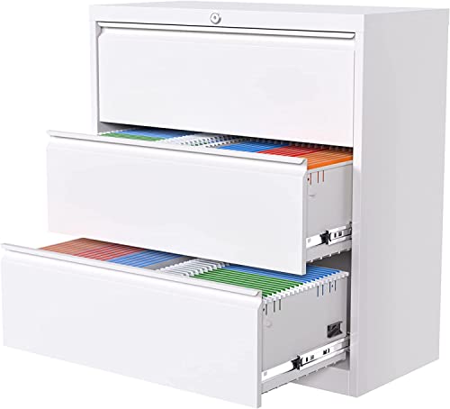 Aobabo 3 Drawer Metal Lateral File Cabinet with Lock,Steel Storage Lateral Filing Cabinet with Letter/Legal Size for Home Office,Anti-tilt Structure,Assembly Required (White 3Drawer)…