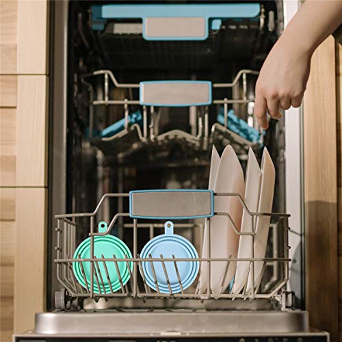 SLSON 2 Pack Pet Food Can Cover Universal Silicone Cat Dog Food Can Lids 1 Fit 3 Standard Size Can Tops with 2 Spoons,Light Blue and Green