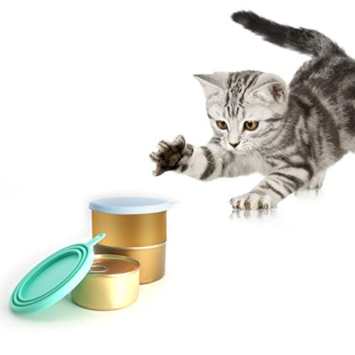 SLSON 2 Pack Pet Food Can Cover Universal Silicone Cat Dog Food Can Lids 1 Fit 3 Standard Size Can Tops with 2 Spoons,Light Blue and Green