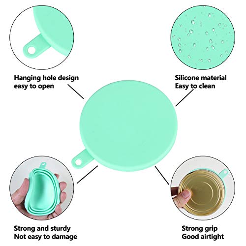 SLSON 2 Pack Pet Food Can Cover Universal Silicone Cat Dog Food Can Lids 1 Fit 3 Standard Size Can Tops with 2 Spoons,Light Blue and Green