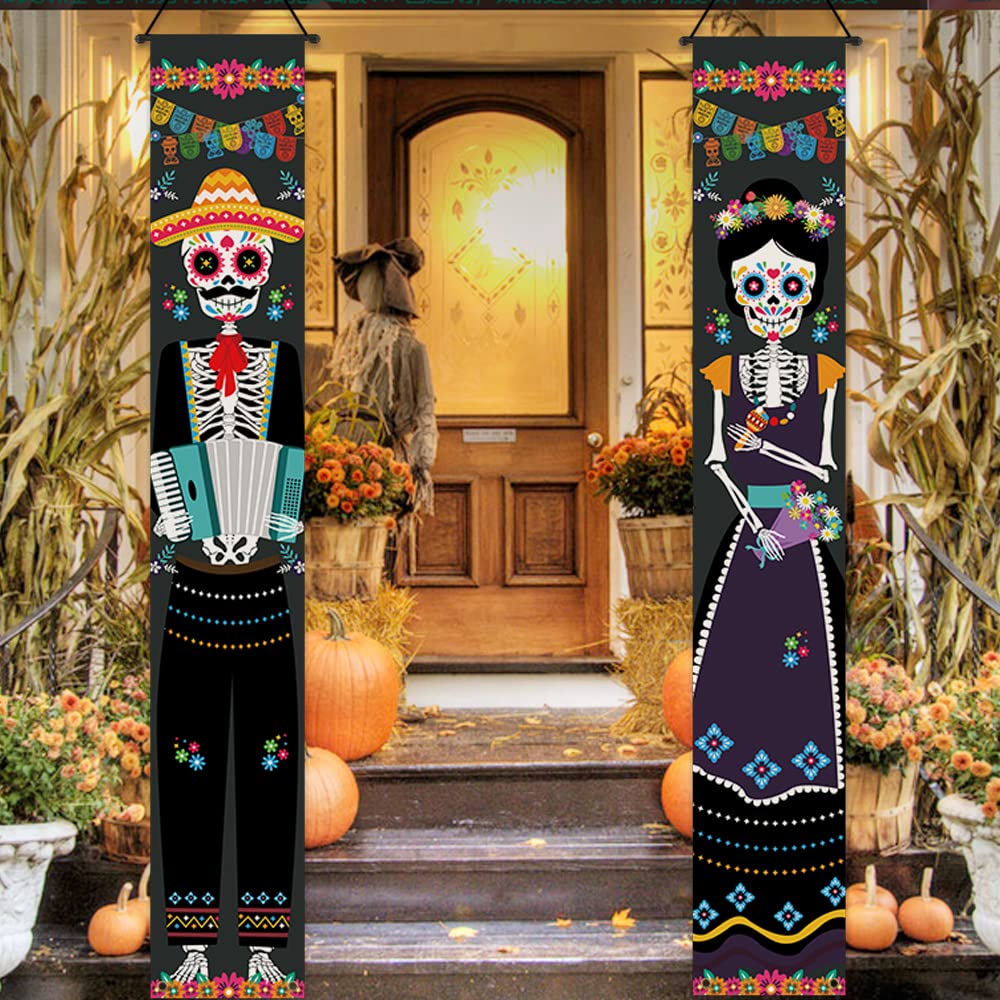Day of the Dead Banner Decoration, 2 Pieces Dia De Los Muertos Porch Sign Mexico Welcome Hanging Wall Banner for Festival Halloween Indoor Outdoor Events Yard Supplies Decor 11.8 x 70.9 Inch