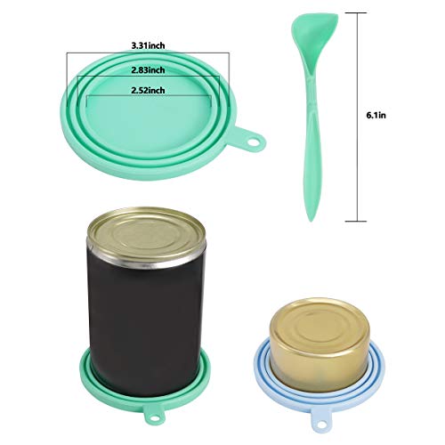 SLSON 2 Pack Pet Food Can Cover Universal Silicone Cat Dog Food Can Lids 1 Fit 3 Standard Size Can Tops with 2 Spoons,Light Blue and Green