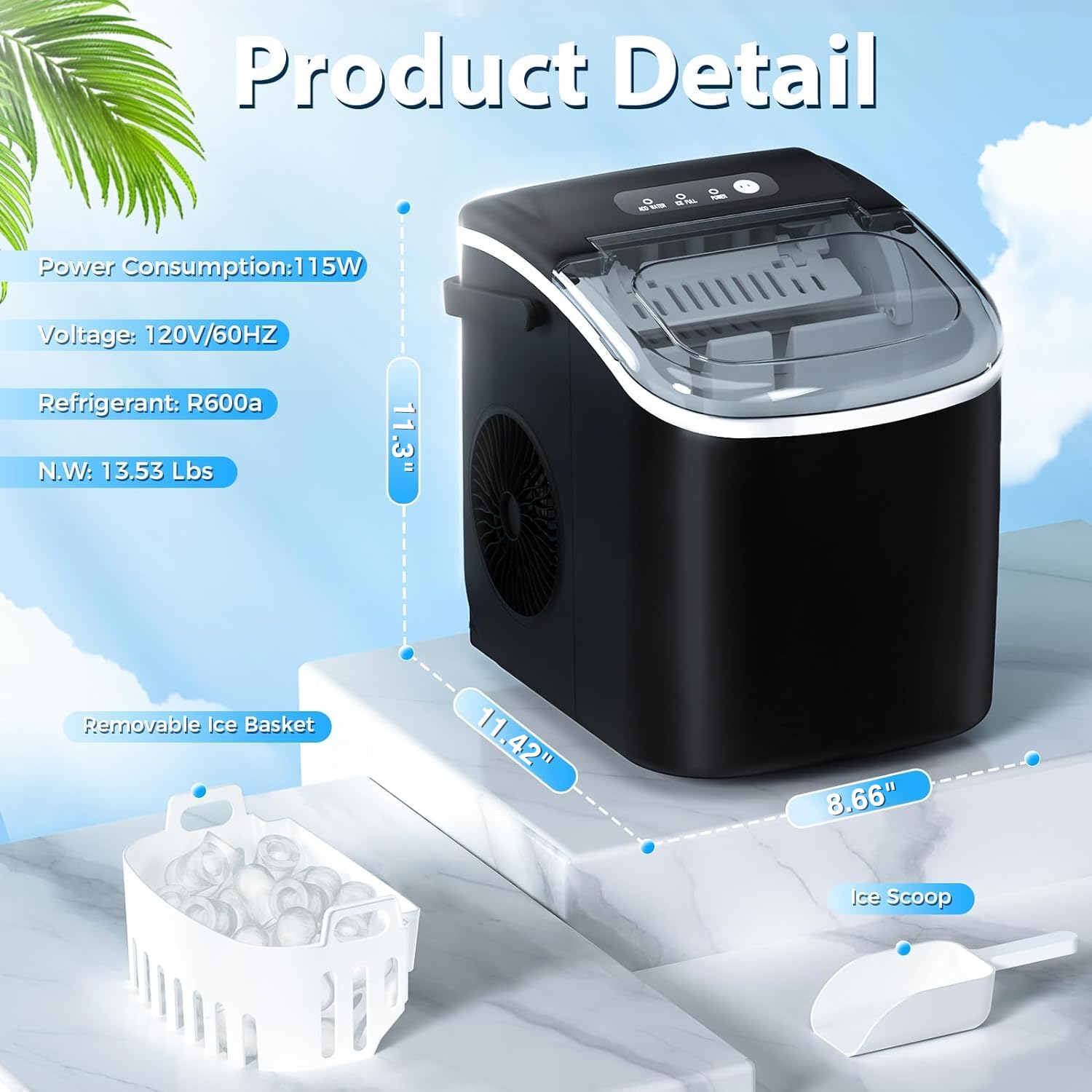 Antarctic Star Countertop Ice Maker Portable Ice Machine with Handle,Self-Cleaning Ice Makers, 26Lbs/24H, 9 Ice Cubes Ready in 6 Mins for Home Kitchen Bar Party (Black)