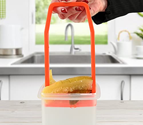 HOME-X Pickle Storage Container, Straining Pickle Jar, Filter Insert, Sieve Food Saver Container, 7 ½” L x 4 ¼” W x 4 ¼” H, Orange
