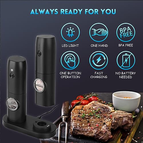 Rechargeable Electric Salt and Pepper Grinder Set, Adjustable Coarseness Automatic Salt or Pepper Mill Shakers, With Charging Base, USB Type-C Cable, LED Lights, One Hand Tact Switch Operation