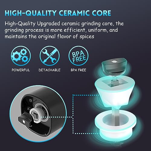 Rechargeable Electric Salt and Pepper Grinder Set, Adjustable Coarseness Automatic Salt or Pepper Mill Shakers, With Charging Base, USB Type-C Cable, LED Lights, One Hand Tact Switch Operation