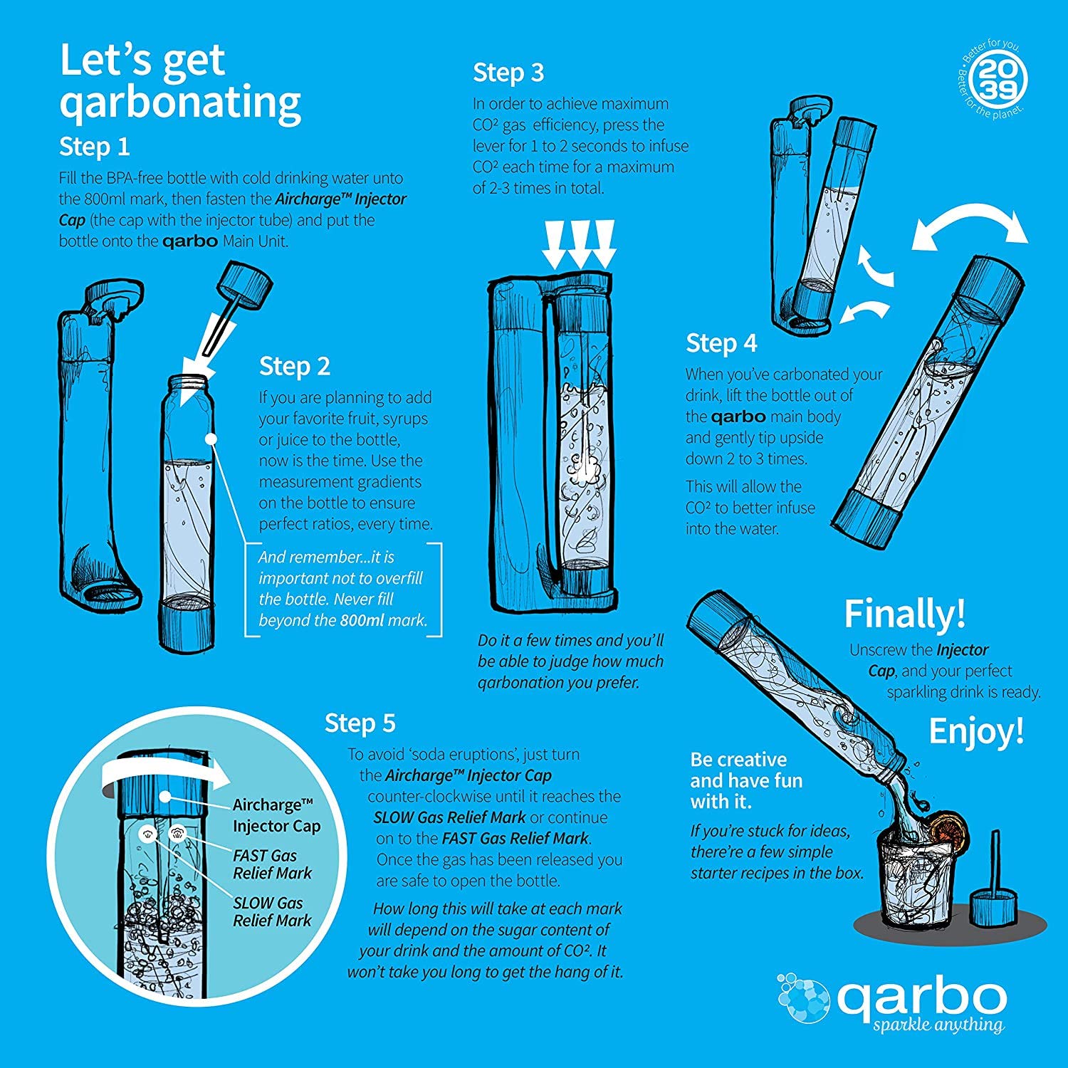 Twenty39 qarbo sparkling water maker Party Plus Bundle with 4 bottles, 3 aircharge caps and cleaning brush (Metallic Red)