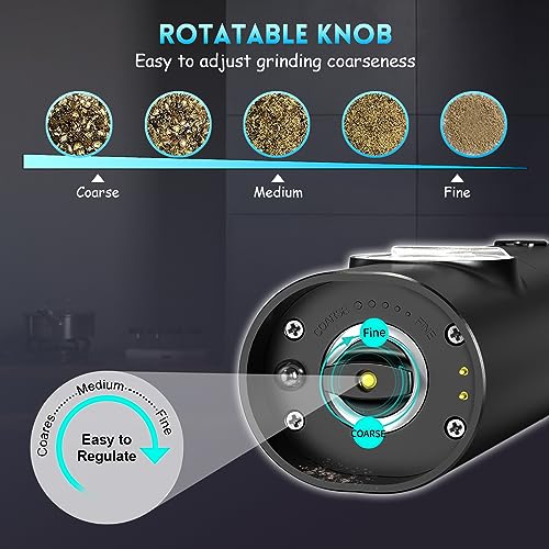 Rechargeable Electric Salt and Pepper Grinder Set, Adjustable Coarseness Automatic Salt or Pepper Mill Shakers, With Charging Base, USB Type-C Cable, LED Lights, One Hand Tact Switch Operation