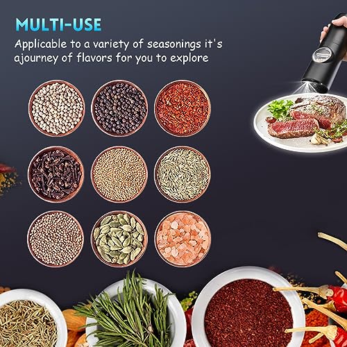 Rechargeable Electric Salt and Pepper Grinder Set, Adjustable Coarseness Automatic Salt or Pepper Mill Shakers, With Charging Base, USB Type-C Cable, LED Lights, One Hand Tact Switch Operation