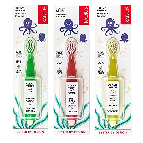 RADIUS Totz Toothbrush Extra Soft Brush BPA Free & ADA Accepted Designed for Delicate Teeth & Gums for Children 18 Months & Up - Green Coral Yellow - Pack of 3