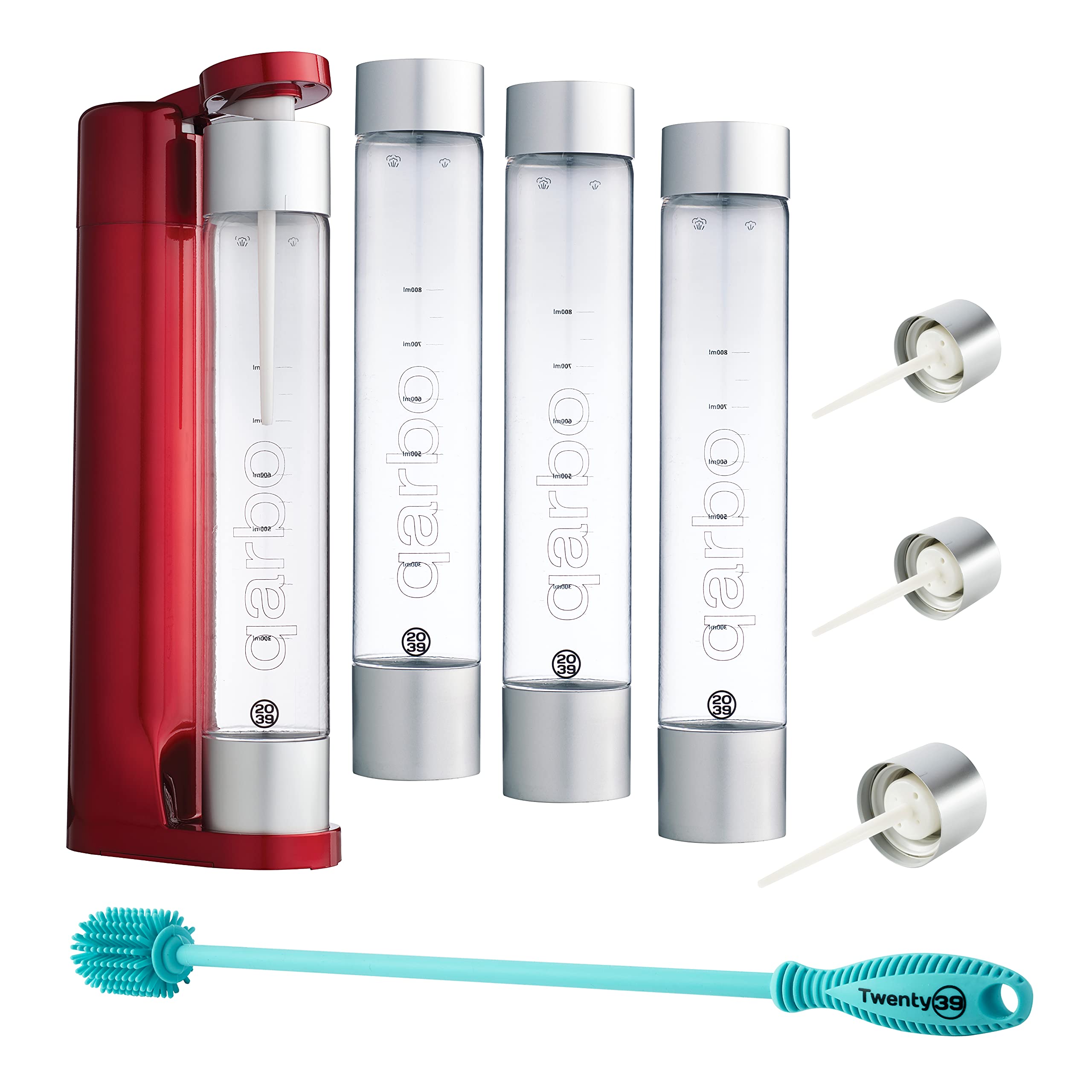 Twenty39 qarbo sparkling water maker Party Plus Bundle with 4 bottles, 3 aircharge caps and cleaning brush (Metallic Red)