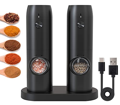 Rechargeable Electric Salt and Pepper Grinder Set, Adjustable Coarseness Automatic Salt or Pepper Mill Shakers, With Charging Base, USB Type-C Cable, LED Lights, One Hand Tact Switch Operation