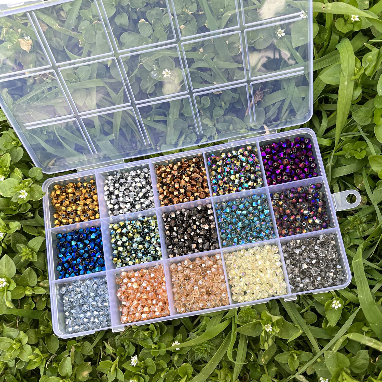 JEBBO 1800pcs 4mm Bicone Glass Beads, Bulk Small Faceted Bicone Crystal Beads for Jewelry Making DIY Craft Bracelet Necklace Earring with Container Box (15 Plated Metallic Colors)