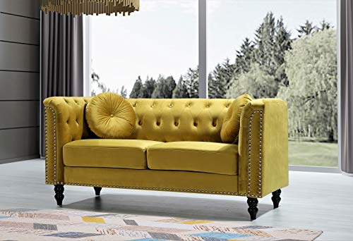 Container Furniture Direct Kittleson Velvet Chesterfield Loveseat for Living Room, Apartment or Office, Mid Century Modern Diamond Tufted Couch with Nailhead Accent, 64.17", Dark Yellow