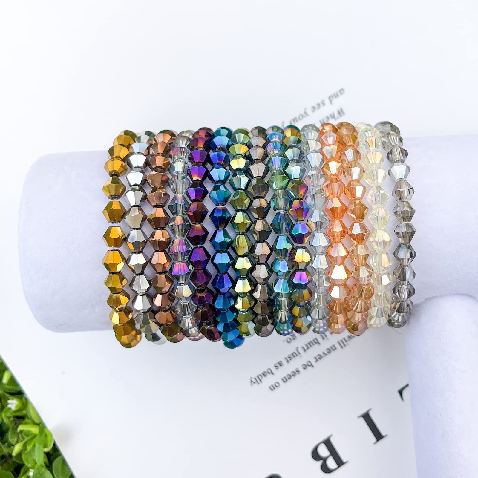 JEBBO 1800pcs 4mm Bicone Glass Beads, Bulk Small Faceted Bicone Crystal Beads for Jewelry Making DIY Craft Bracelet Necklace Earring with Container Box (15 Plated Metallic Colors)