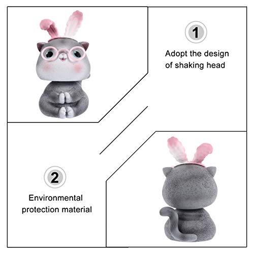 Amosfun Cat Bobblehead Ornaments Shaking Head Rabbit Ear Lucky Cat Figurines Animal Dancing Figure Toy Car Dashboard Decorations for Vehicle Home Office Desktop (Grey B)
