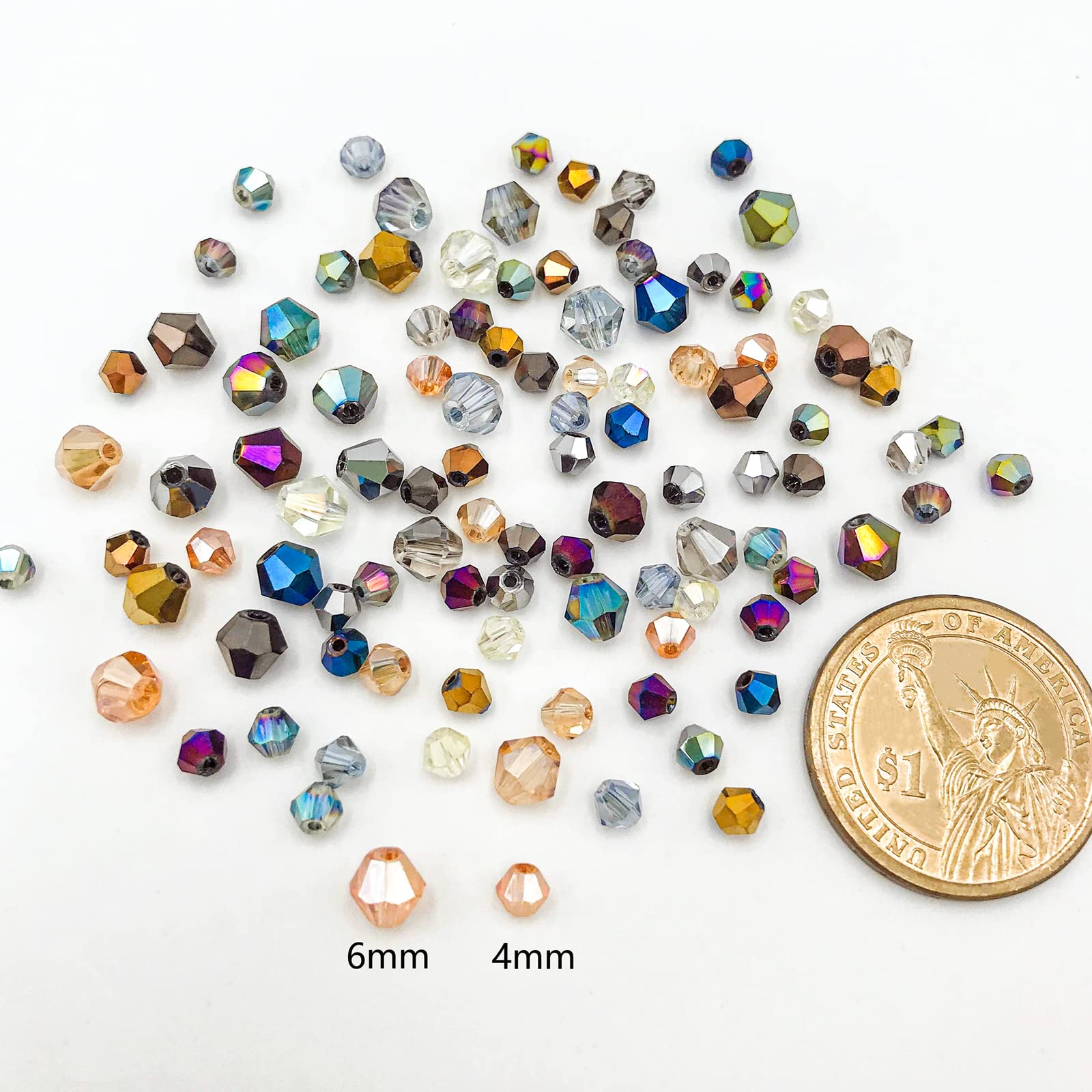 JEBBO 1800pcs 4mm Bicone Glass Beads, Bulk Small Faceted Bicone Crystal Beads for Jewelry Making DIY Craft Bracelet Necklace Earring with Container Box (15 Plated Metallic Colors)