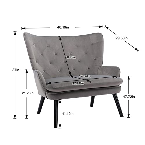 Dolonm Accent Chair Velvet Small Loveseat Tufted Button Wingback Armchair Modern Mid Century Settee Loveseat with Solid Wood Legs for Living Room Bedroom Reading Waiting Room (Silver)