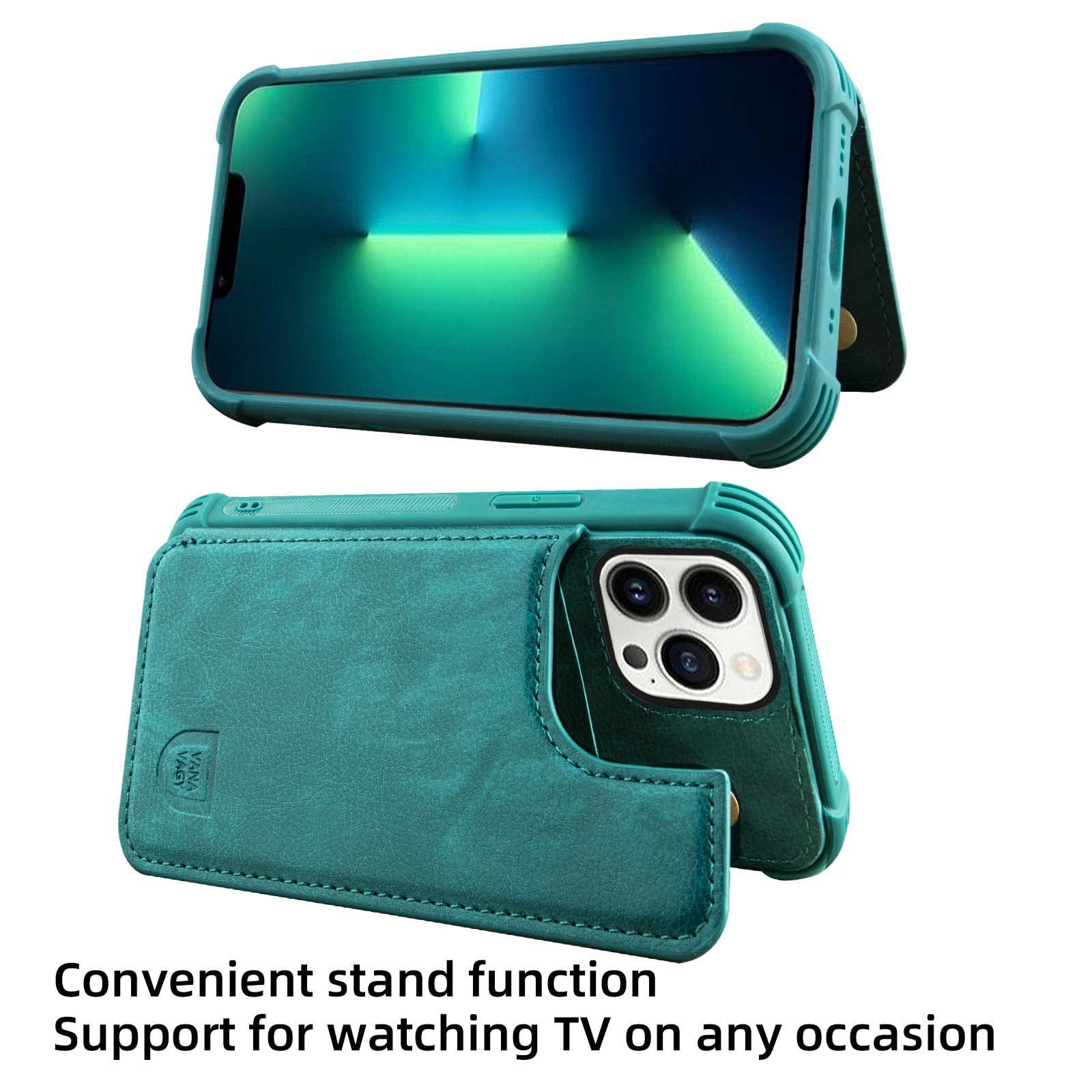 VANAVAGY Compatible for iPhone 13 Pro Wallet Case for Women Men, PU Leather Flip Folio Phone Cover Fits Magnetic Car Mount with Credit Card Holder, Midnight Green
