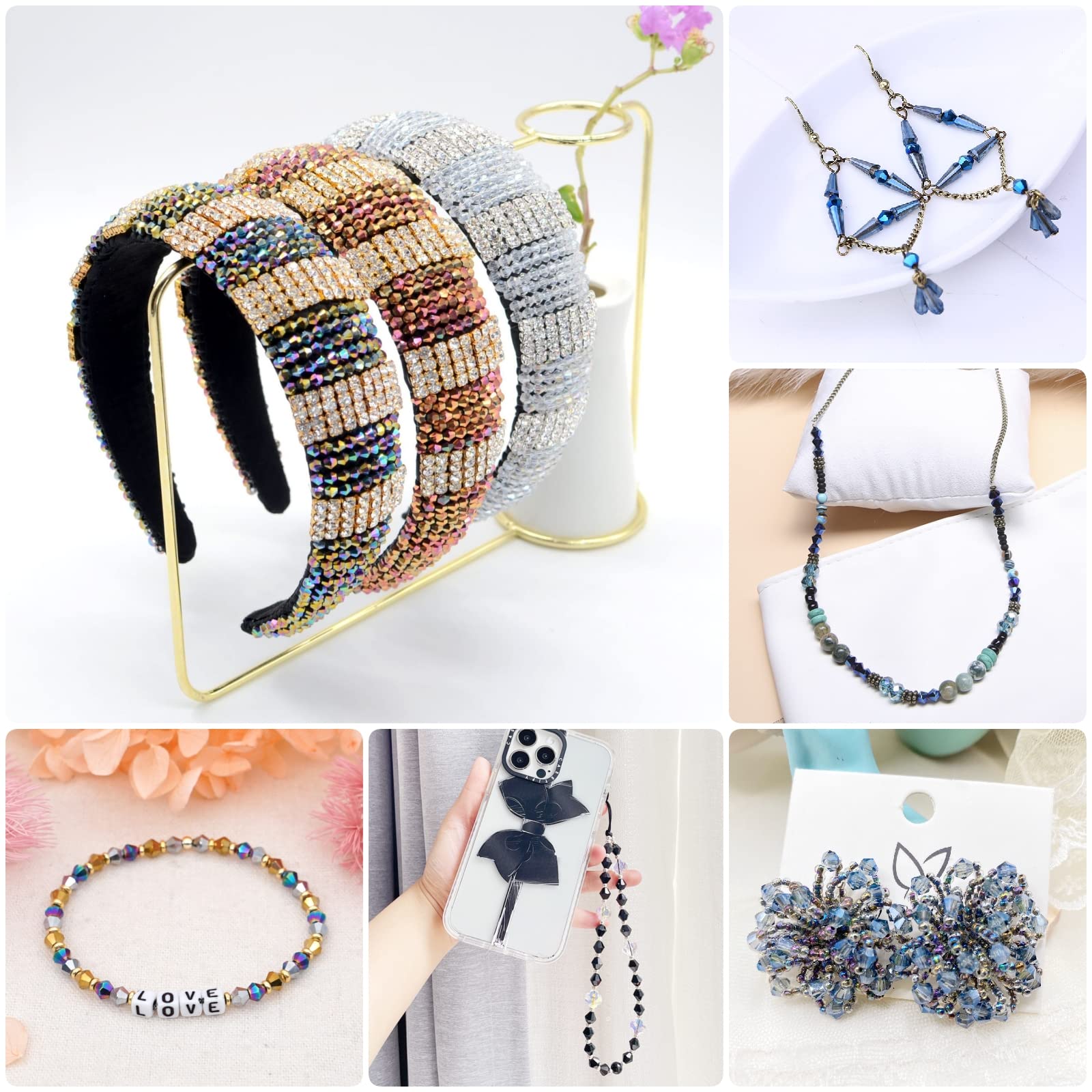 JEBBO 1800pcs 4mm Bicone Glass Beads, Bulk Small Faceted Bicone Crystal Beads for Jewelry Making DIY Craft Bracelet Necklace Earring with Container Box (15 Plated Metallic Colors)