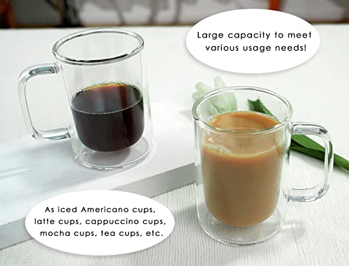 Aquach Double Wall Glass Coffee Mug 12 oz, Large Clear Glass Cup with Handle Set of 2, Insulated Tea Mugs, Water Cups, Juice Cups, Milk Cups