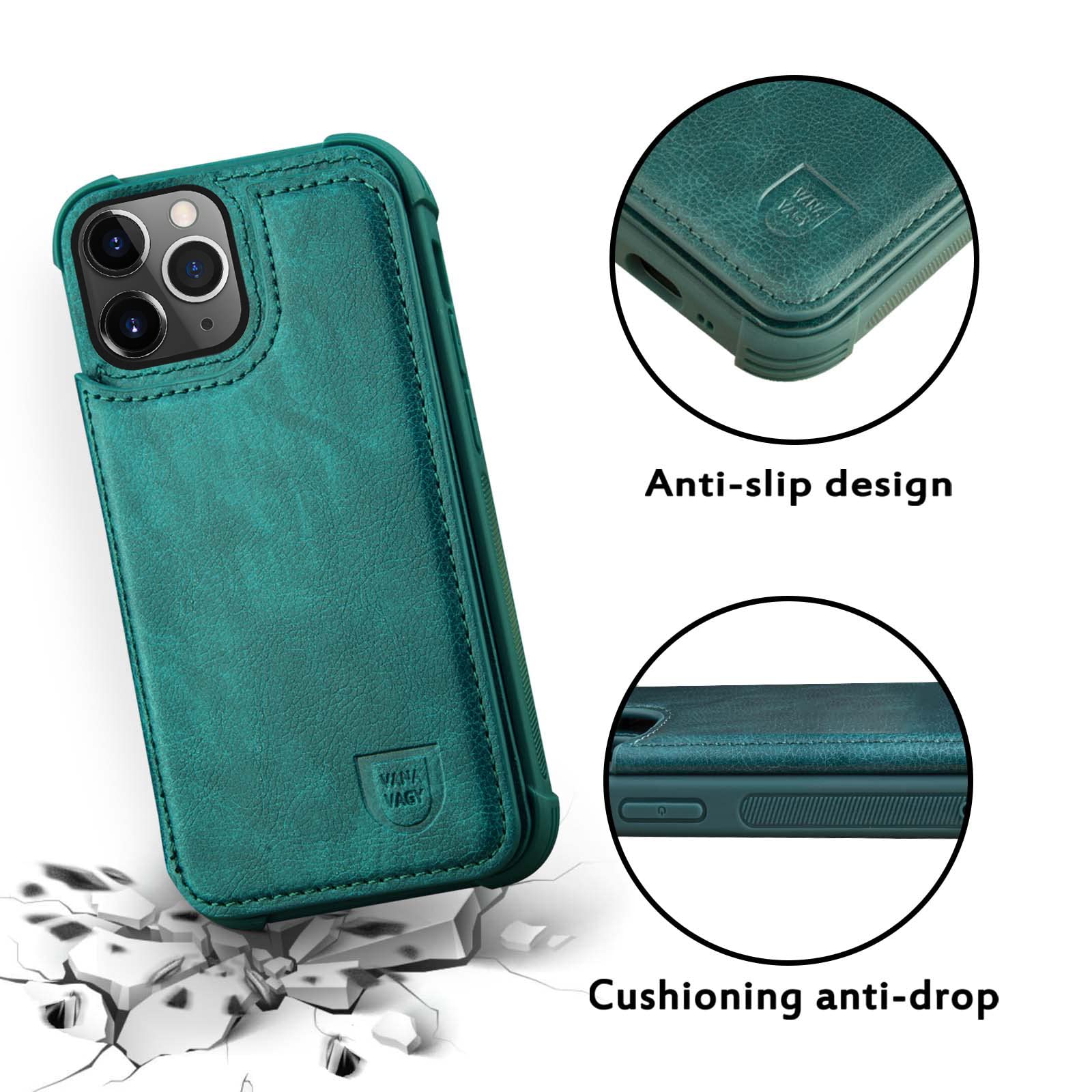 VANAVAGY Compatible for iPhone 13 Pro Wallet Case for Women Men, PU Leather Flip Folio Phone Cover Fits Magnetic Car Mount with Credit Card Holder, Midnight Green
