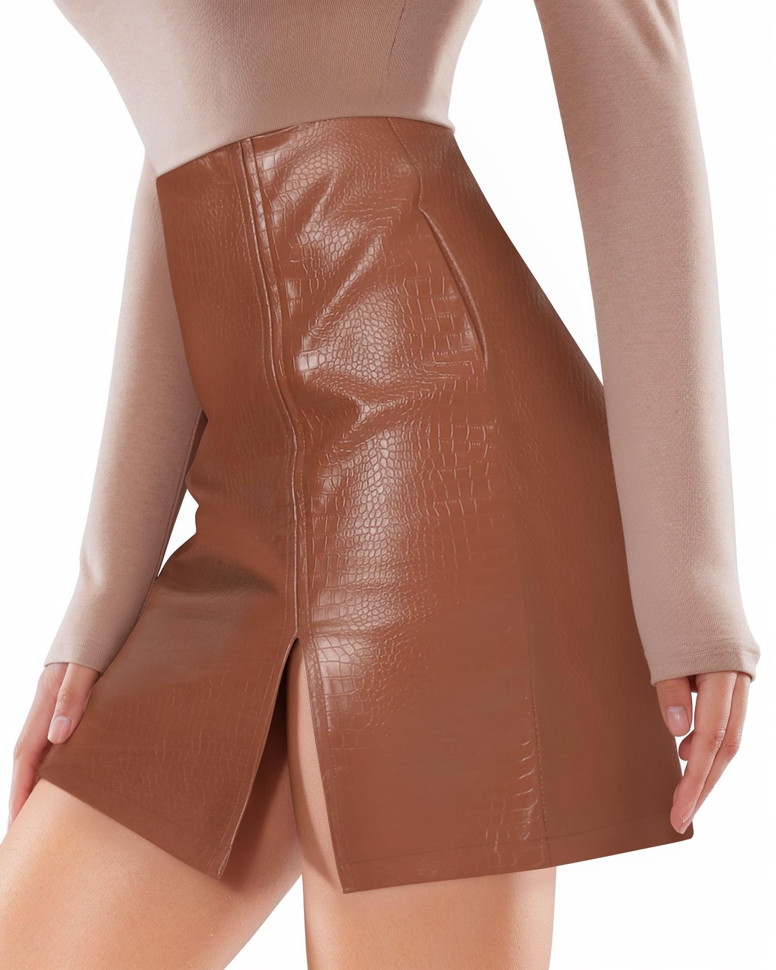 MANGOPOP Womens High Waist Bodycon Mini Short Faux Leather Skirt with Slit (Brown (Snakeskin),Small)