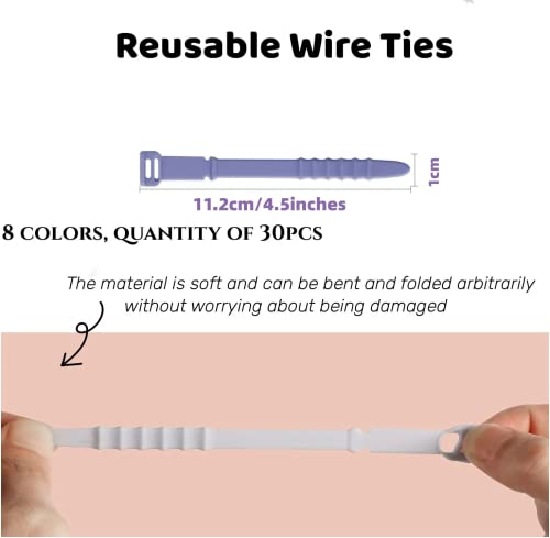 YVPSI 30pcs Silicone Zip Ties Reusable Wire Ties Cord Rubber Cable Ties Straps Elastic Cable Organizer Straps Silicone Cord Organizer Straps for Cords Wire USB Charge Management Travel Home Office