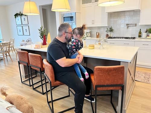 ALPHA HOME 24” Bar Stools Set of 4 Counter Height Bar Stool Pu Leather Kitchen Modern Bar Stools with Backrest Upholstered Footrest Sturdy Chromed Metal Steel Frame,Brown.